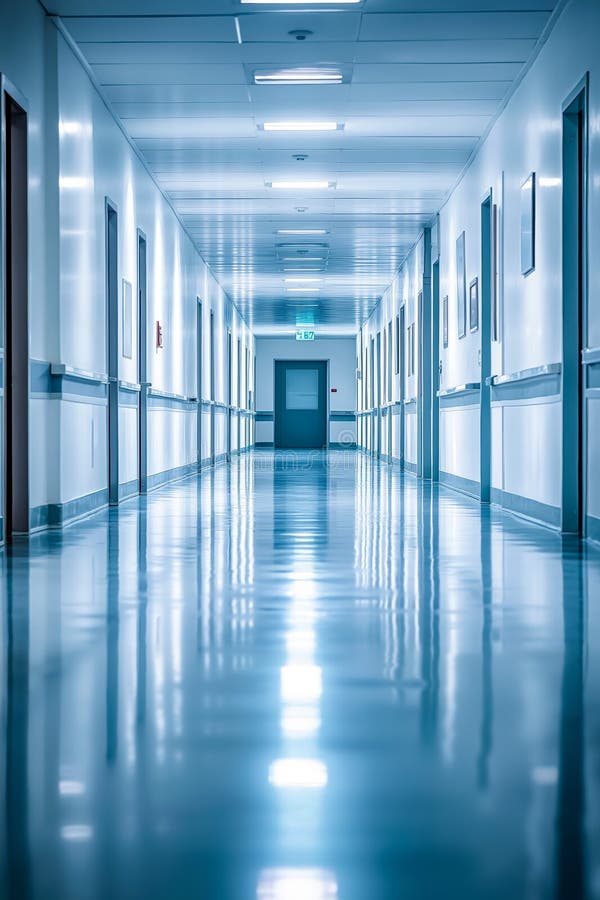 A Long Hallway in a Hospital with Blue Lighting Stock Image - Image of ...