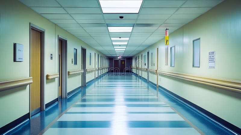 A Long Hallway in a Hospital with Blue and White Tile Flooring Stock ...