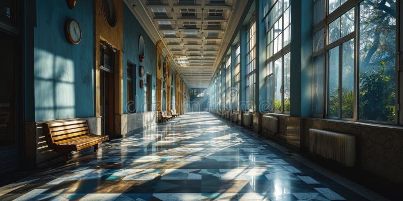 The Long Hallway Inside the Hospital with a Tree and the Bench on Floor ...