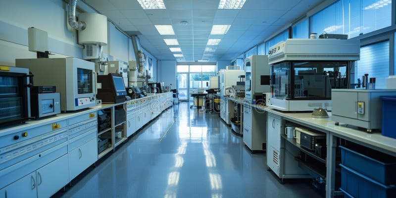 Long Hallway in Laboratory, High-tech Cabinet Filled with Equipment for ...