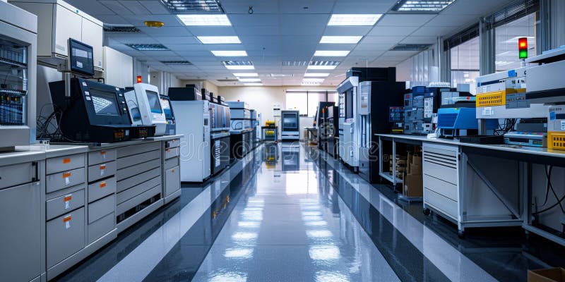 Long Hallway in Laboratory, High-tech Cabinet Filled with Equipment for ...