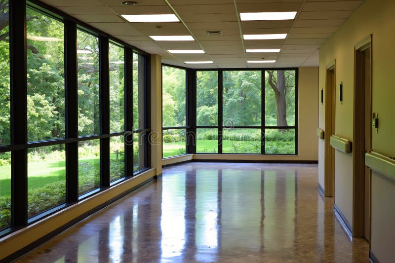 A Long Hallway with Large Windows in a Building Stock Image - Image of ...