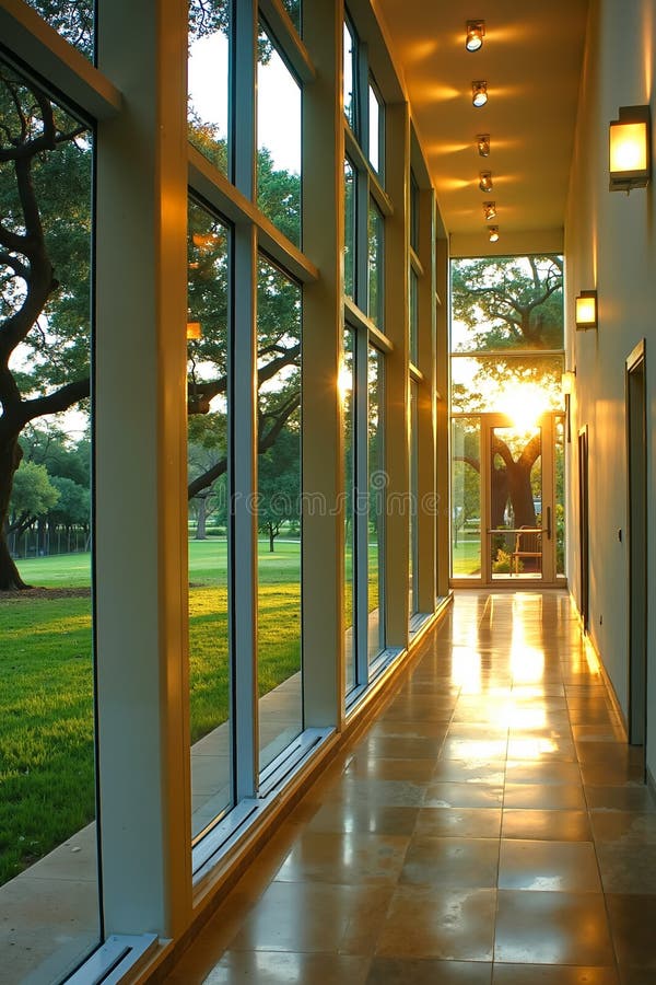 A Long Hallway with Large Windows and a View of a Grassy Field Stock ...