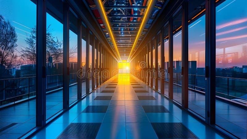 Long Hallway with Large Windows and Visible Wire Installations Tech ...