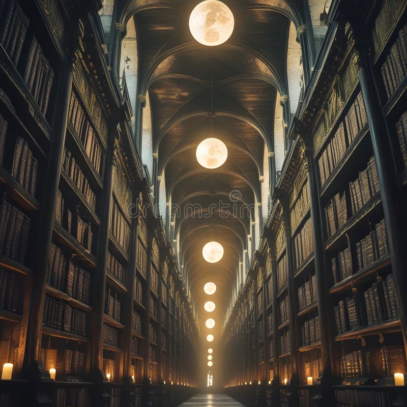 A Long Hallway Lined with Bookshelves, Illuminated by the Soft Glow of ...