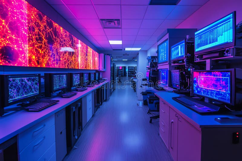 A Long Hallway Lined with Computer Workstations in a Brightly Lit ...