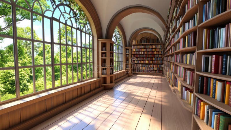 A Long Hallway with a Lot of Books and Windows, AI Stock Photo - Image ...