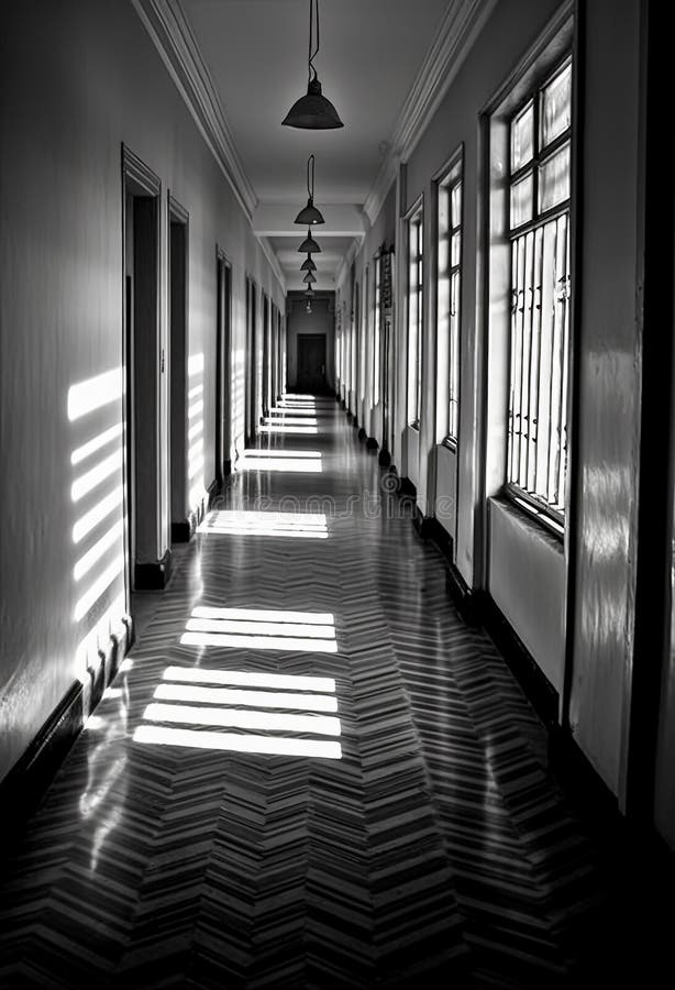A Long Hallway with a Bench in the Middle Stock Image - Image of urban ...