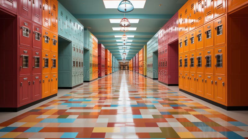 A Long Hallway with Lots of Colored Lockers Extreme Closeup. Generative ...