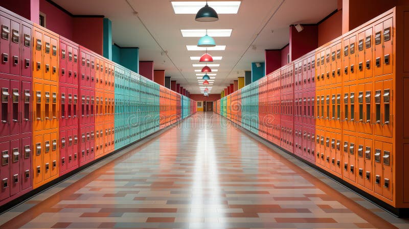 A Long Hallway with Lots of Colored Lockers Extreme Closeup. Generative ...