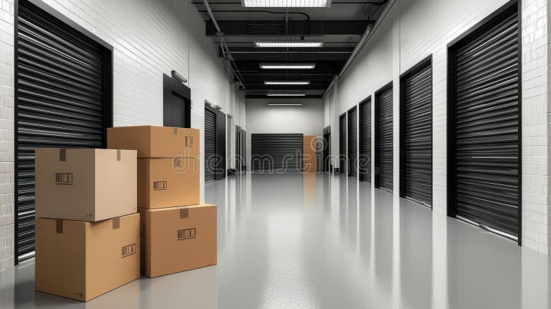 Long Hallway with Many Blue Doors Inside of a Storage Locker Facility ...