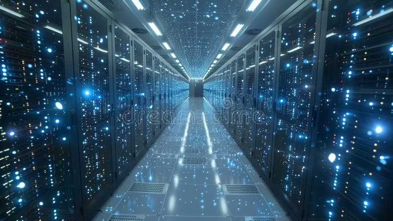 A Long Hallway with Many Computer Monitors and Lights. Futuristic ...