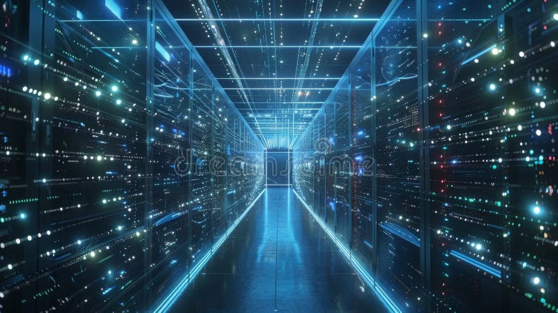 A Long Hallway with Many Computer Monitors and Lights. Futuristic ...