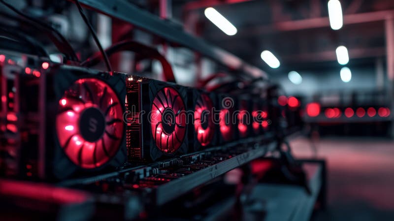 A Long Hallway with Many Computer Monitors Lit Up in Orange Stock ...