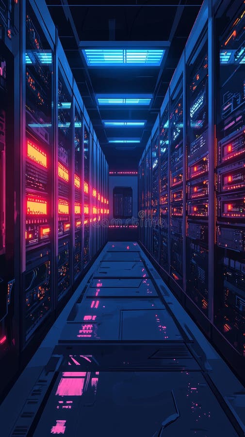 A Long Hallway with Many Computer Monitors Lit Up in Orange Stock ...