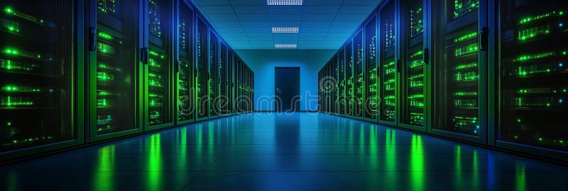 A Long Hallway with Many Computer Monitors Lit Up in Orange Stock ...