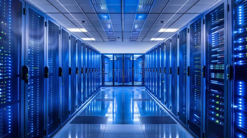 A Long Hallway with Many Computer Servers Stock Illustration ...