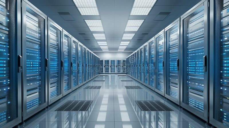 A Long Hallway with Many Computer Servers Stock Illustration ...
