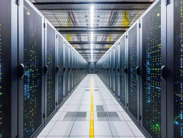 Long Hallway with Many Computer Servers Stock Illustration ...