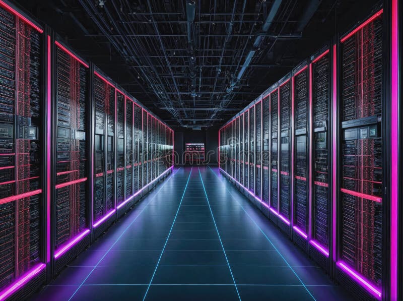 A Long Hallway with Many Computers and a Neon Pink Wall Stock Image ...