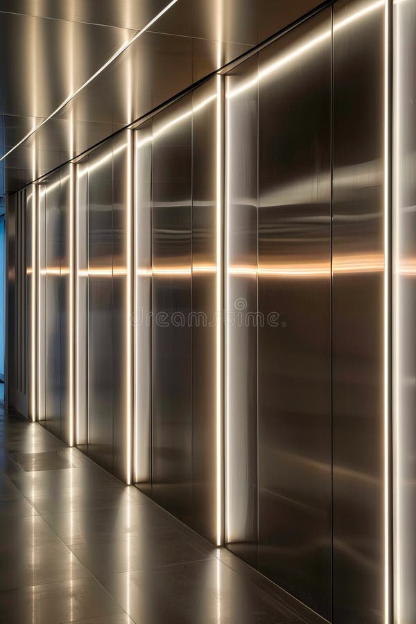 A Long Hallway with Metal Walls and Lights Stock Photo - Image of walls ...
