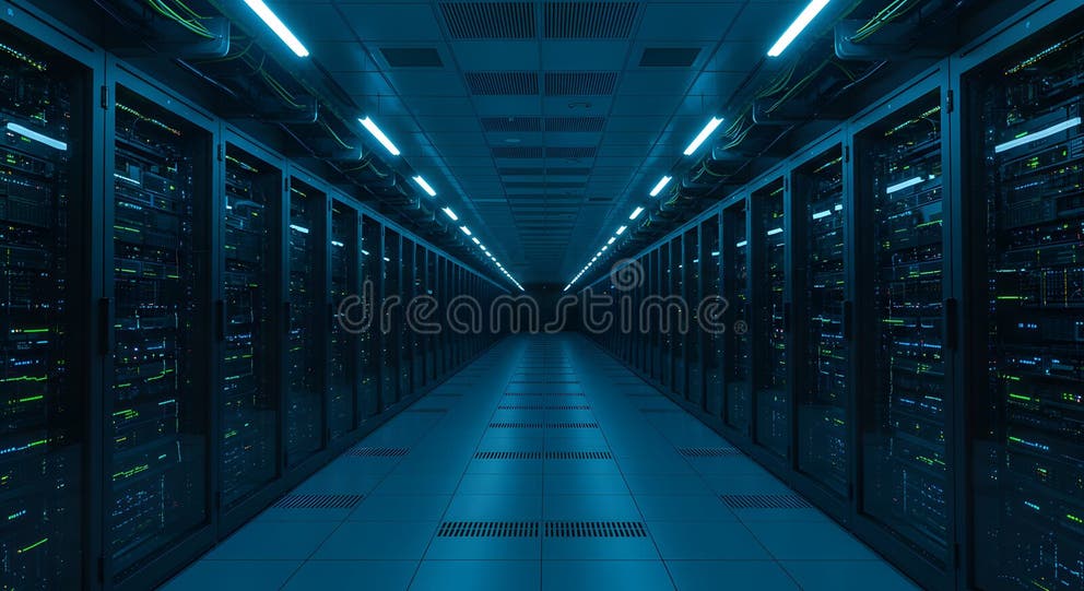 Deep Blue Server Room: Rows of Servers Under Fluorescent Lights Stock ...