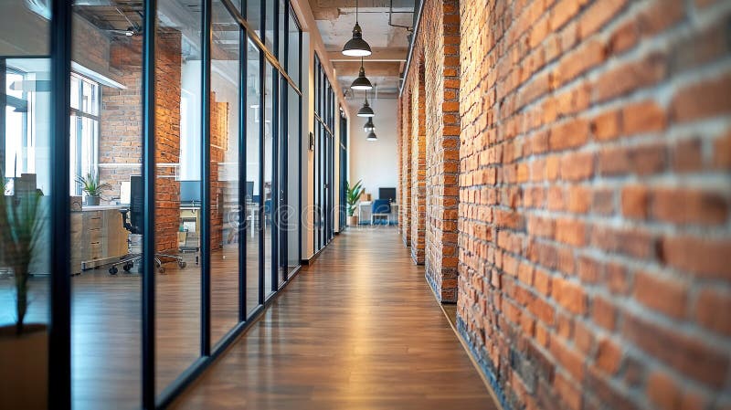 Long Hallway in a Modern Office with Exposed Brick Wall and Glass ...