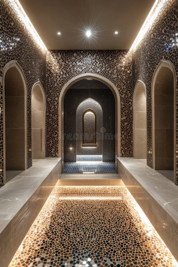 A Long Hallway with a Mosaic Tile Floor and a Lighted Ceiling Stock ...