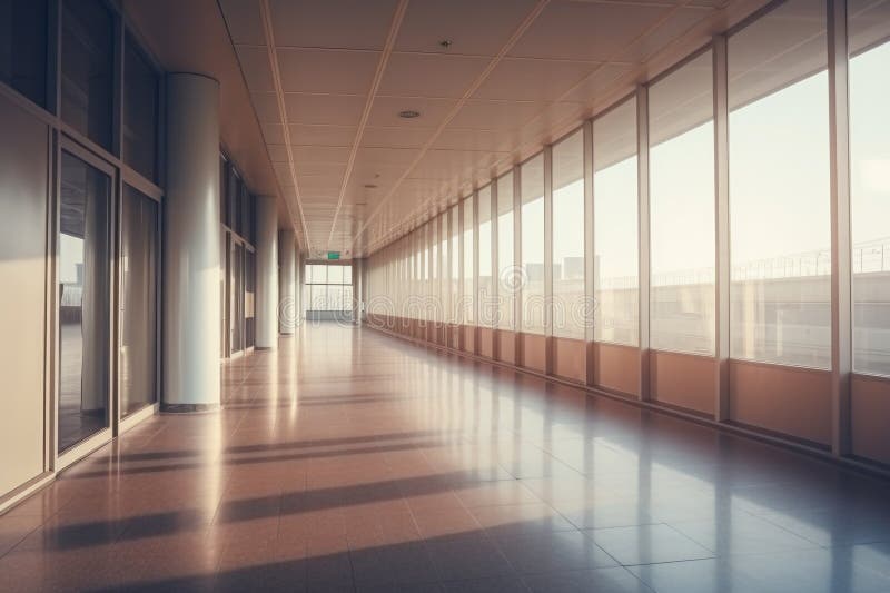 A Long Hallway with Multiple Windows and a Clock on the Wall. Suitable ...