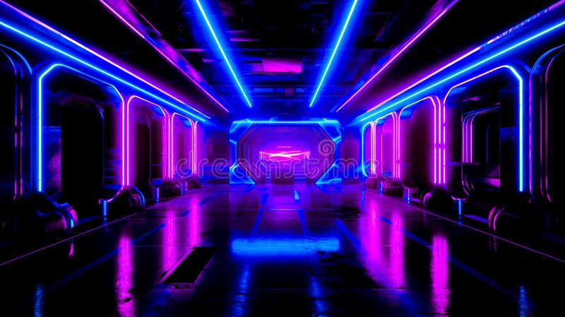 Long Hallway with Neon Lights on the Ceiling and Long Corridor between ...