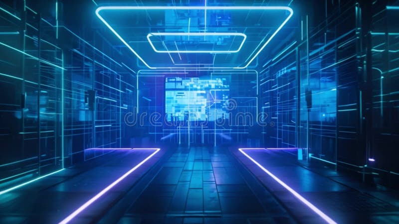 Long Hallway with Neon Lights and Map on Wall Stock Footage - Video of ...