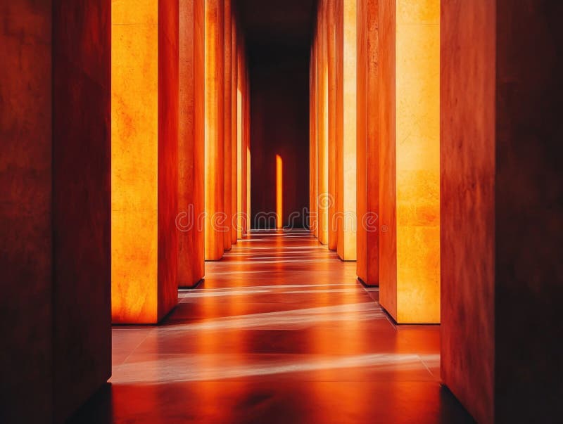 Long Hallway with Orange Columns Stock Photo - Image of architecture ...