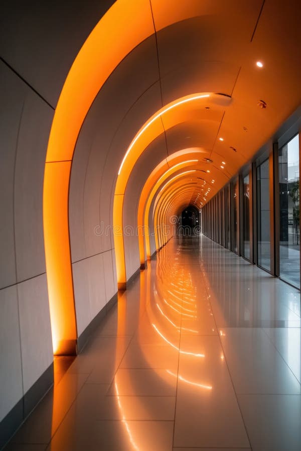 A Long Hallway with Orange Lights in a Building, Suitable for Use in ...