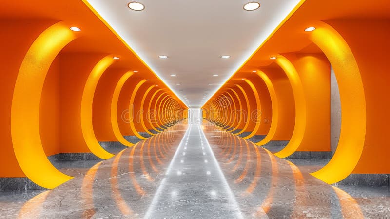 A Long Hallway with Orange Walls and a Lighted Ceiling, AI Stock Image ...