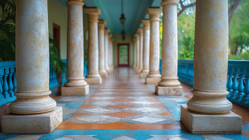 A Long Hallway with Pillars and a Blue and White Color Scheme. the ...