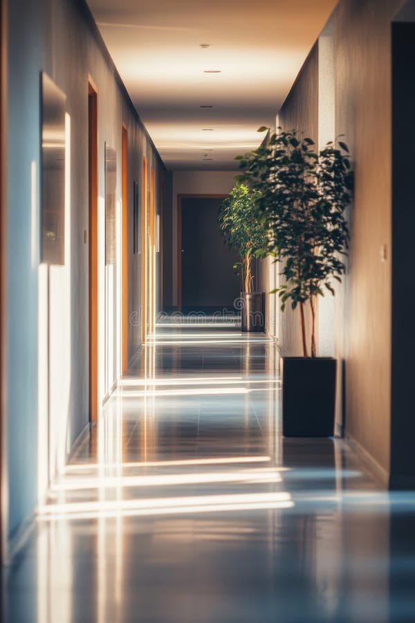 Long Hallway with Plant stock photo. Image of generated - 376134030