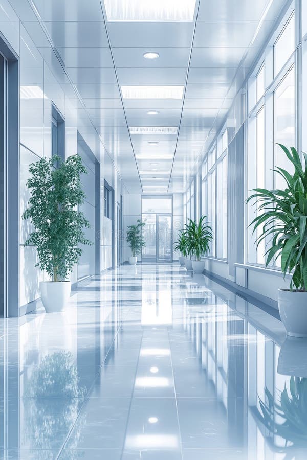 A Long Hallway with Plants in White Pots on the Floor Stock Photo ...