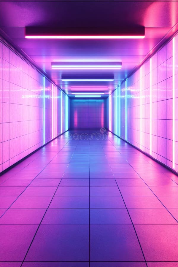Long Hallway with Purple and Blue Lights Stock Image - Image of blue ...