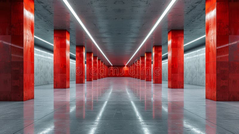 A Long Hallway with Red Columns and Lights on the Ceiling, AI Stock ...