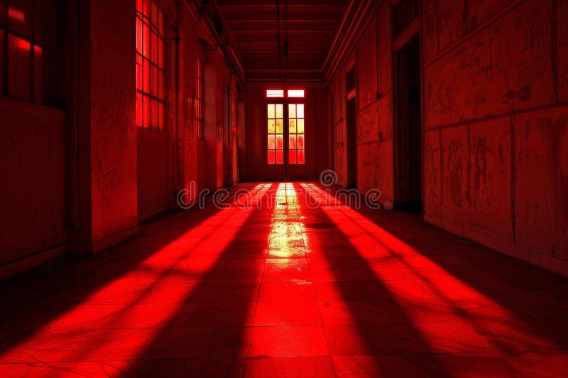 A Long Hallway with Red Light Shining through the Windows, AI Stock ...
