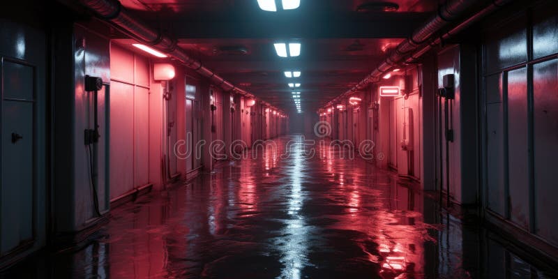 A Long Hallway with Red Lights in a Building. Stock Photo - Image of ...