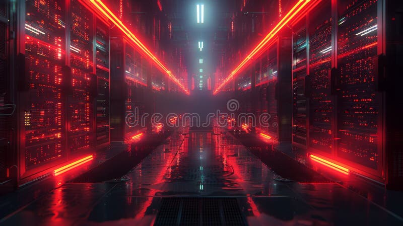 A Long Hallway with Many Computer Monitors and Lights. Futuristic ...