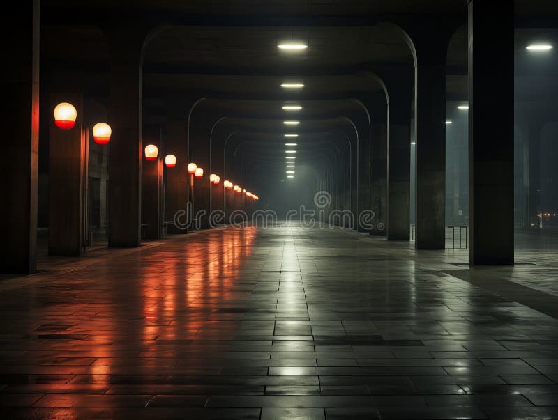 A Long Hallway with Red Lights on the End of it Stock Illustration ...