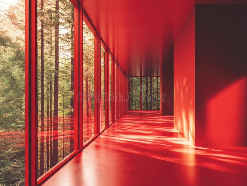 Long Hallway with Red Walls and Windows Stock Image - Image of concept ...