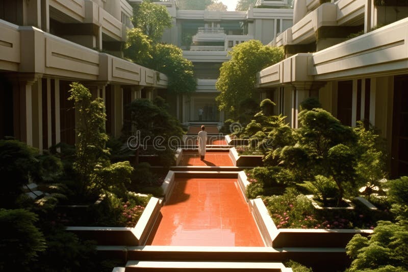 A Long Hallway with Red Water Features and Greenery on Either Side ...