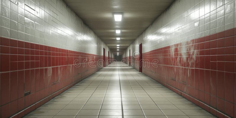 Long Hallway with Red and White Walls Stock Photo - Image of interior ...