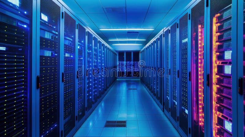 Long Hallway with Rows of Computer Servers in Blue, White Colors ...