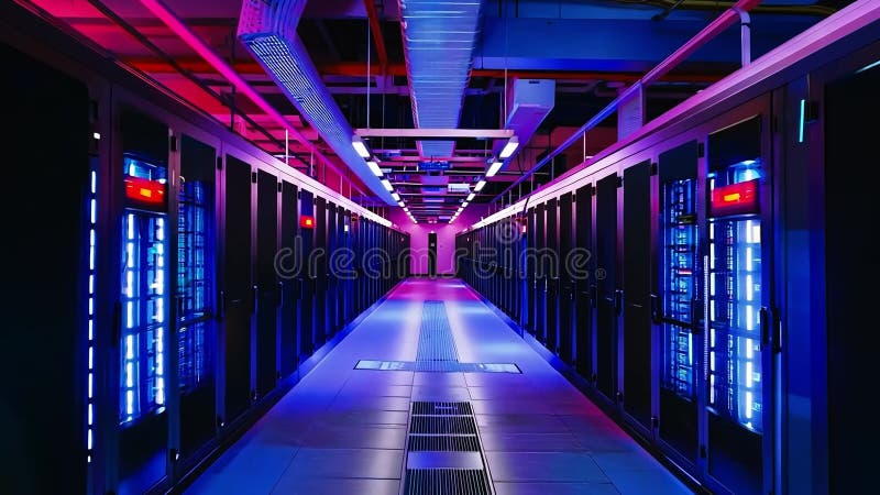 A Long Hallway in a Server Room with Blue and Red Lights Stock Video ...