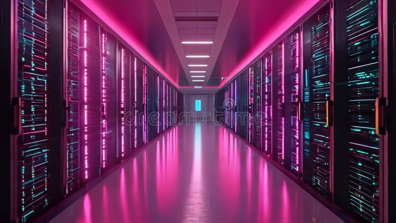 A Long Hallway with Rows of Servers in a Data Center Stock Footage ...
