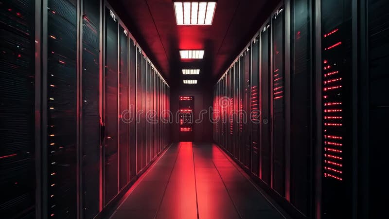 A Long Hallway in a Server Room with Red Lights Stock Footage - Video ...